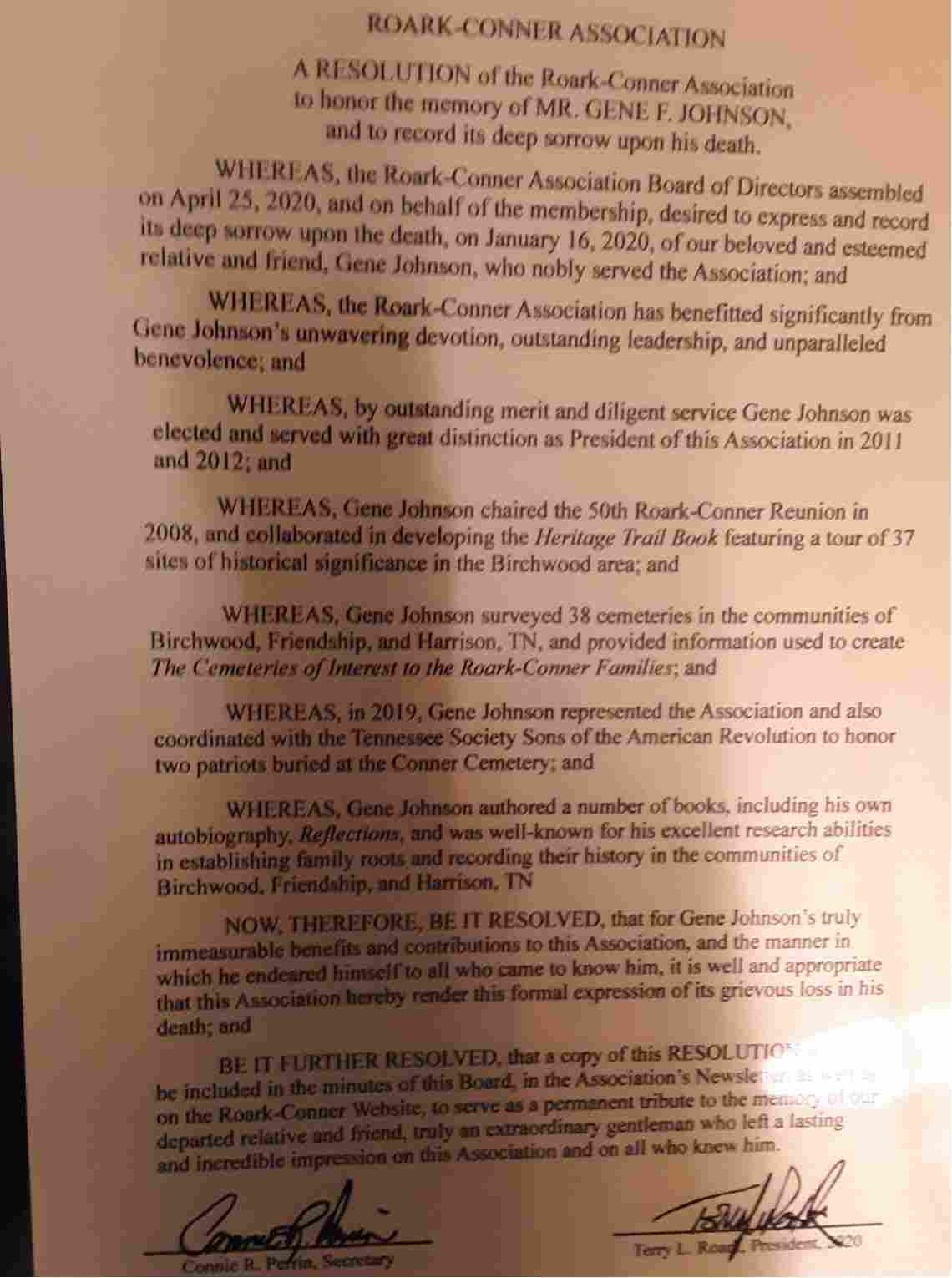 2020 Resolution Gene Johnson – Roark-Conner Association